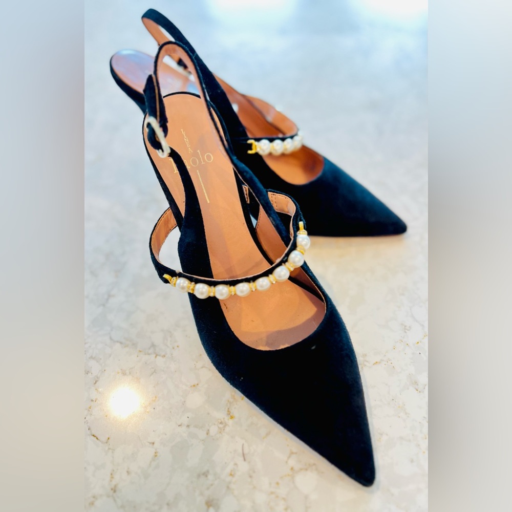 Linea Paolo - Black Slingback Suede High Heels W/ Pea… - Gem